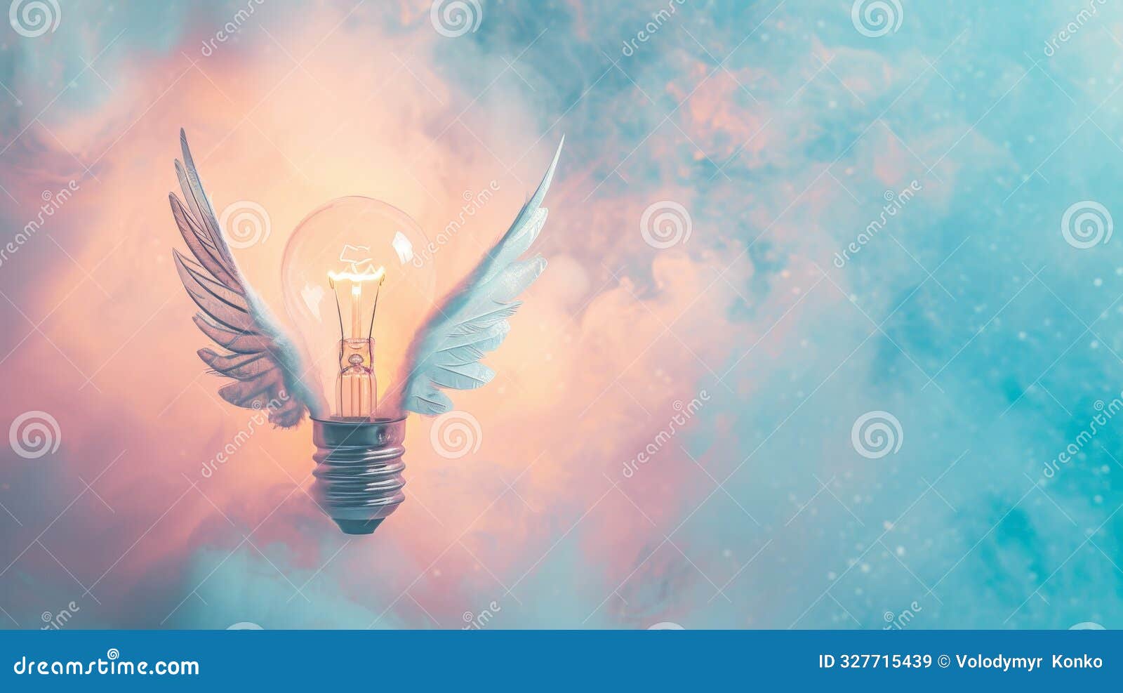 Light Bulb with Wings Floating in Dreamy Clouds, Creativity and ...