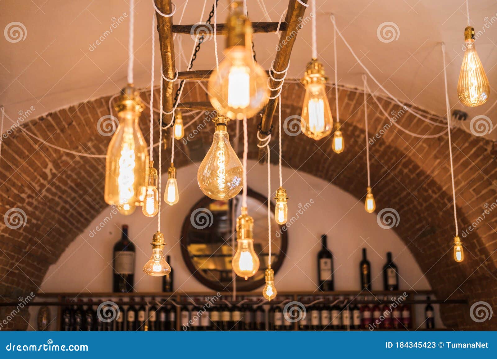 Light Bulbs on the Ceiling in the Bar and Restaurant. Italian Cafe with ...