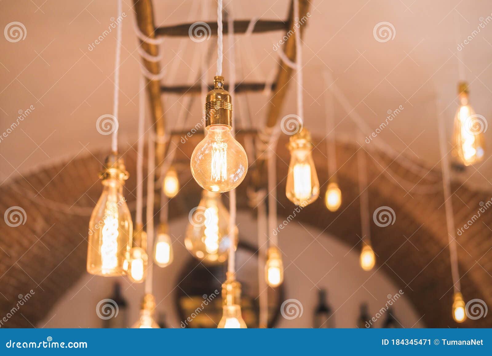 Light Bulbs on the Ceiling in the Bar and Restaurant. Italian Cafe with ...