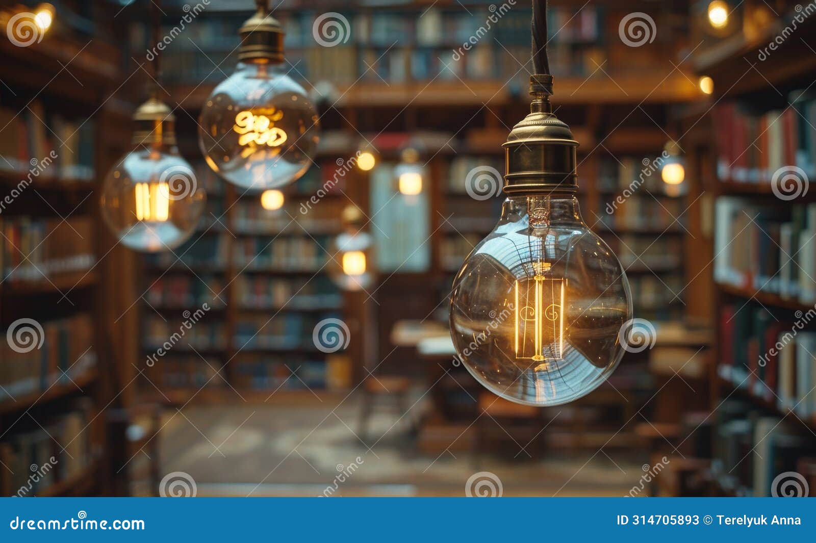 Light Bulbs Hanging from the Ceiling in Library Stock Image - Image of ...