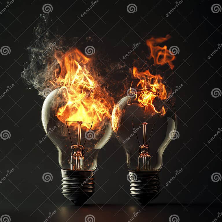 Light Bulbs Igniting with Flames in a Dark Background Setting Stock ...