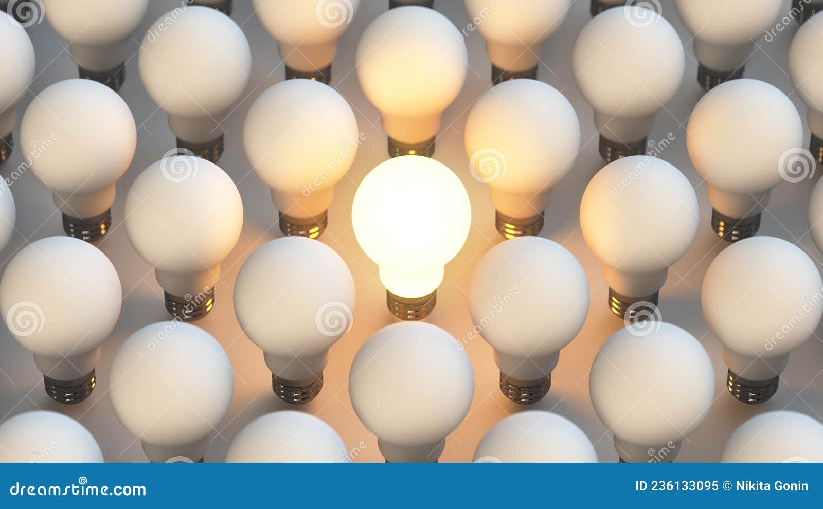 Light Bulbs and only One Lit Up 3D Render Stock Illustration ...