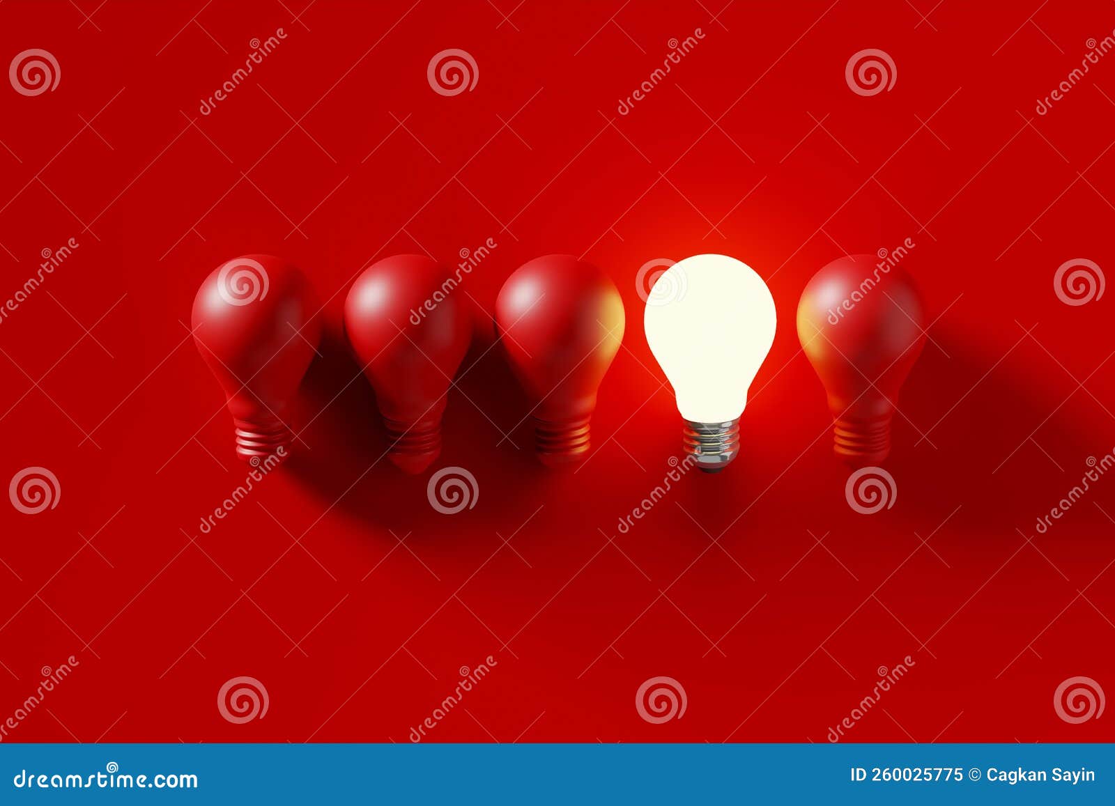 Light Bulbs in a Row with One Glowing Light Bulb Amongst the Unlit Red ...