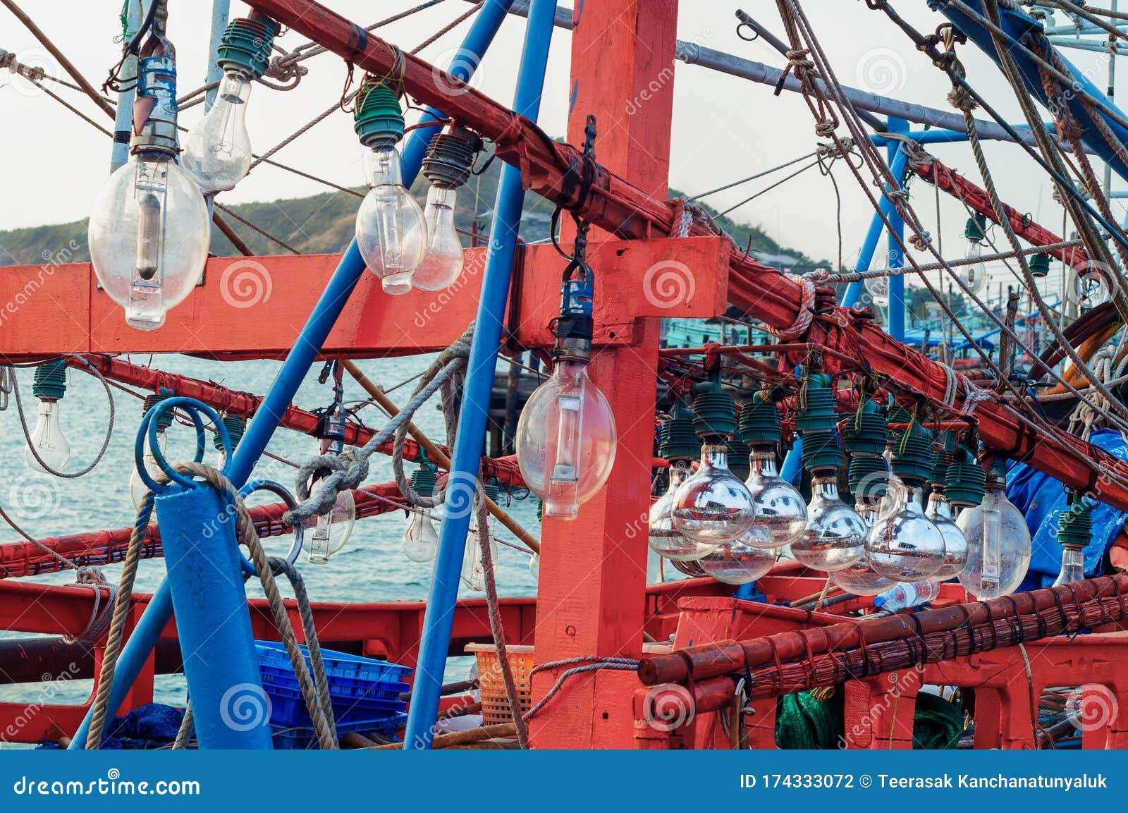 Light Bulbs on Squid Fishing Boat Stock Photo - Image of messy, boat ...