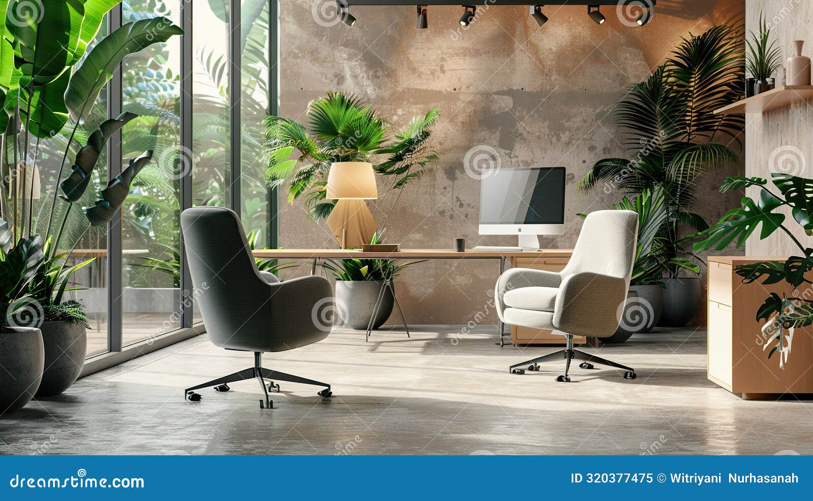Light Business Interior with Armchairs and Pc Computer on Desk, Side ...