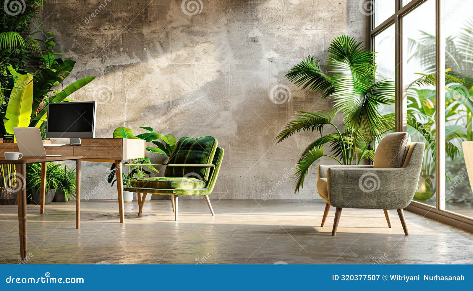 Light Business Interior with Armchairs and Pc Computer on Desk, Side ...