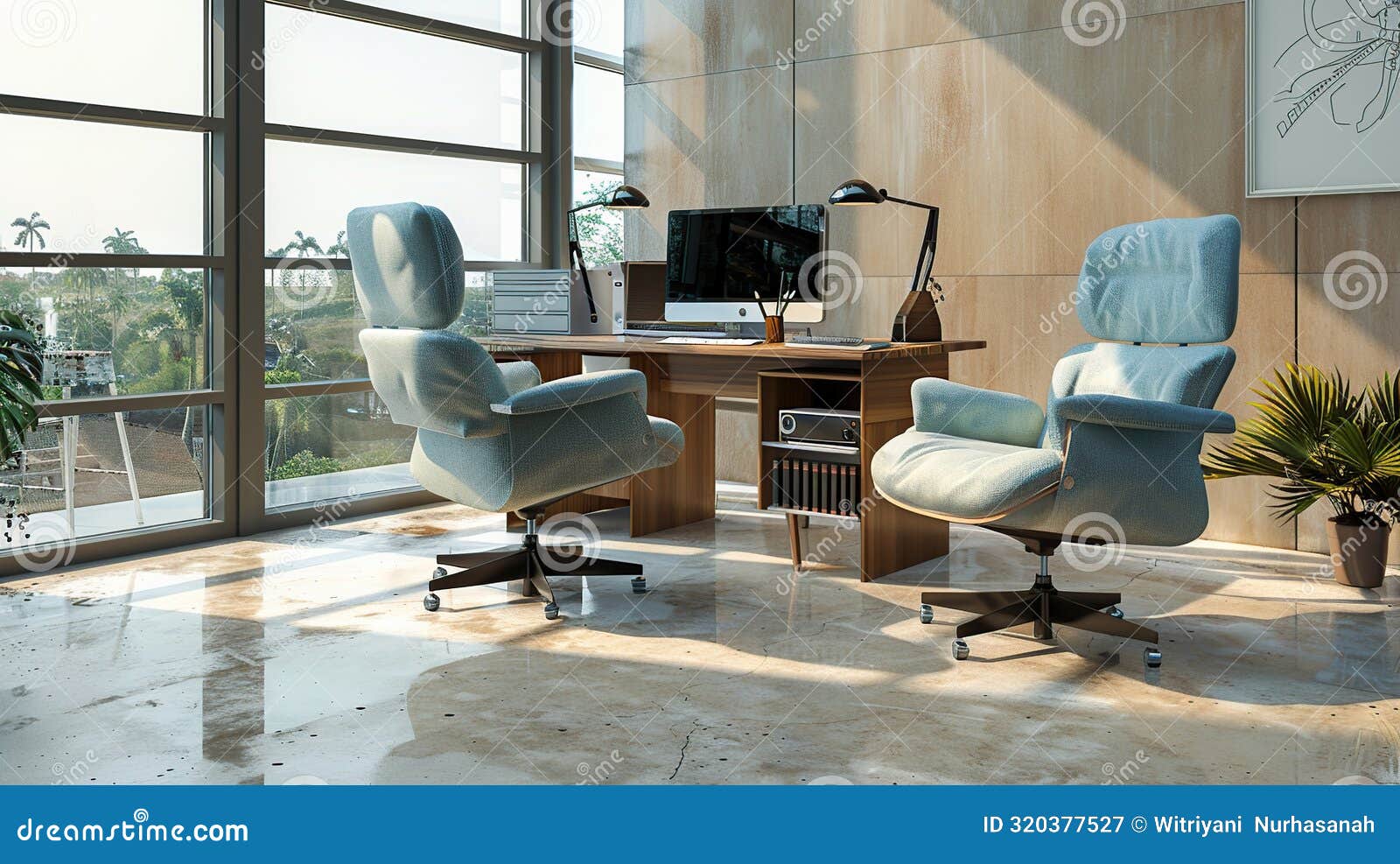 Light Business Interior with Armchairs and Pc Computer on Desk, Side ...