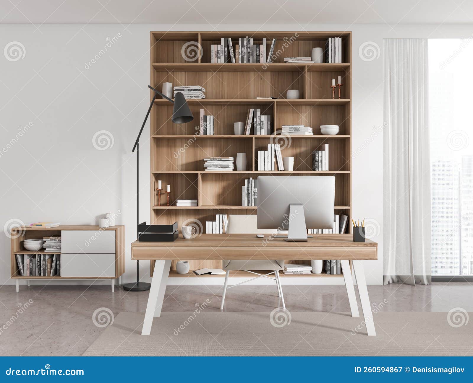 Light Business Interior with Work Desk, Shelf with Documents, Panoramic ...