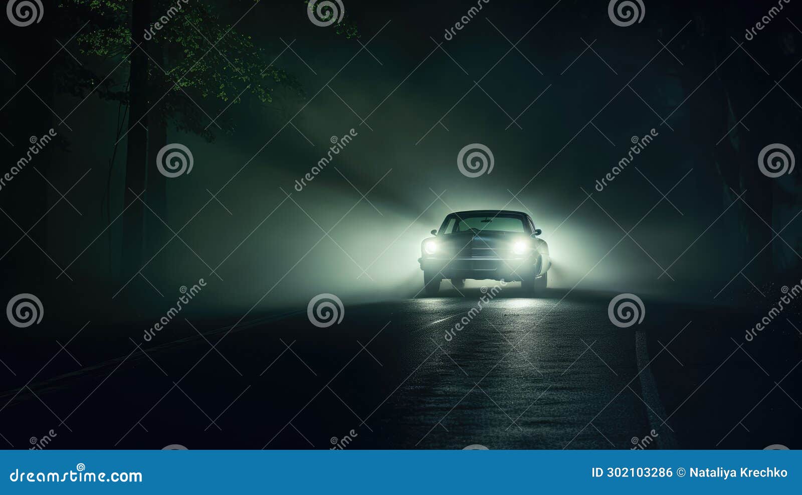 The Light of a Car Headlights Breaking through the Fog Stock ...