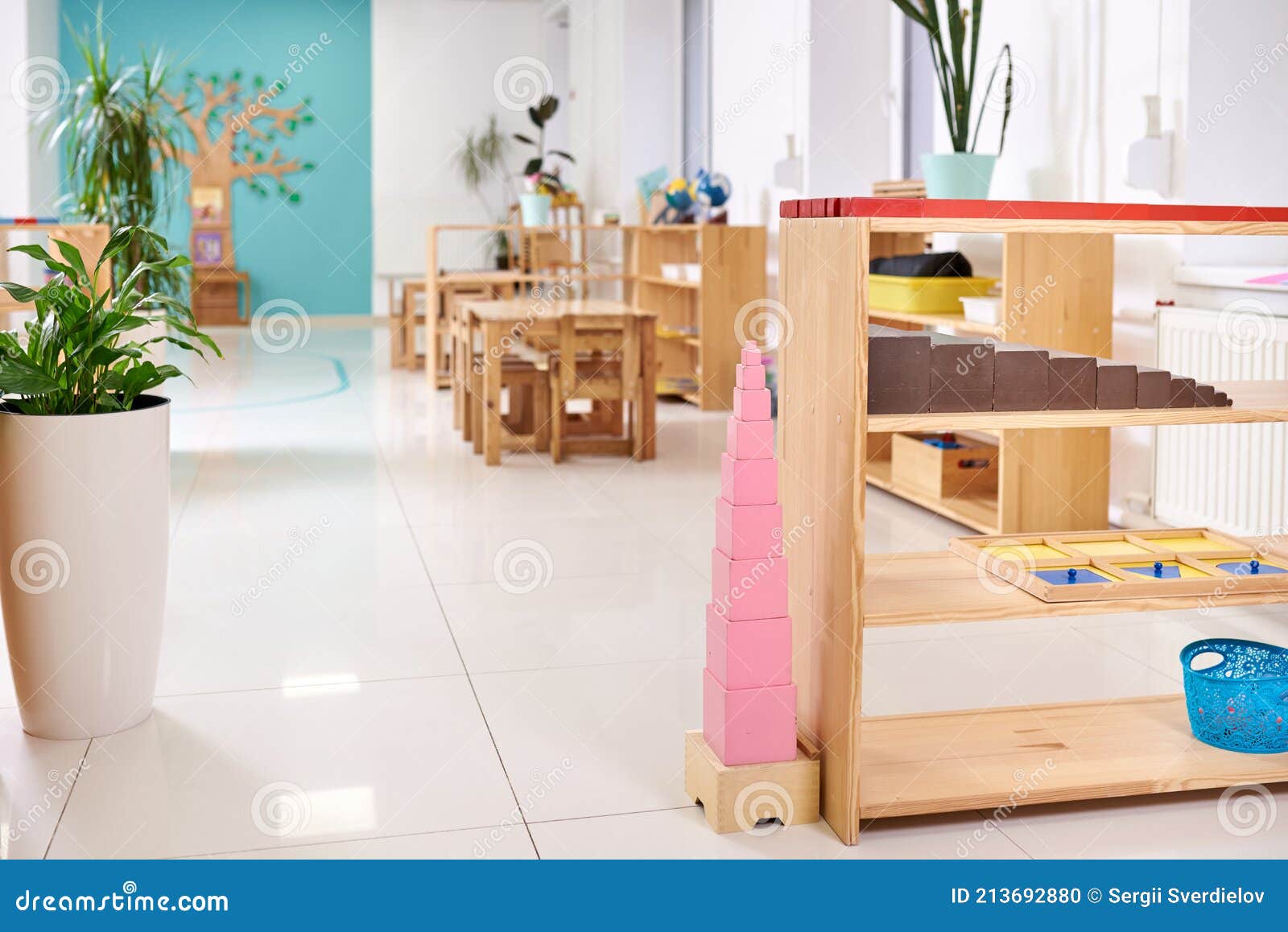 Light Class in Montessori Kindergarten. the Pink Tower is in the ...