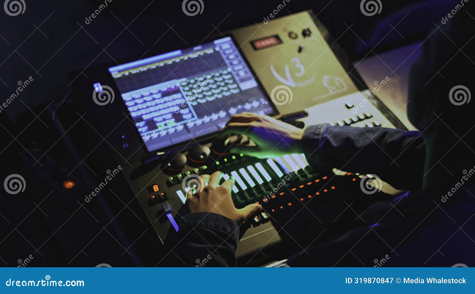 Light Console Control. Media. Man Moves Joysticks on Light and Sound ...