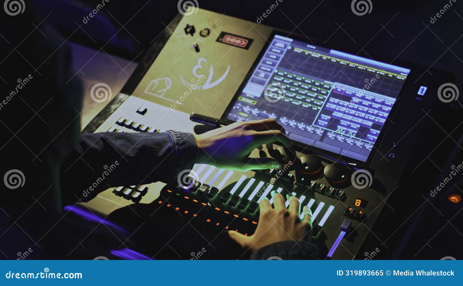 Light Console Control. Media. Man Moves Joysticks on Light and Sound ...