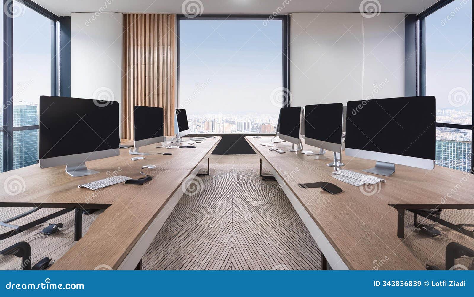 Light Coworking Interior with Pc Computers in Row, Panoramic Window ...