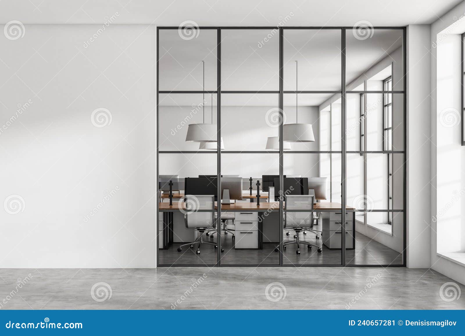 Light Coworking Room with Computers Behind Glass Doors, Windows and ...