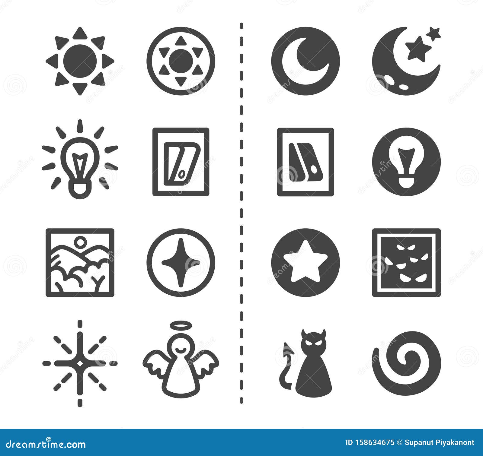 Light and dark icon set stock vector. Illustration of lamp - 158634675