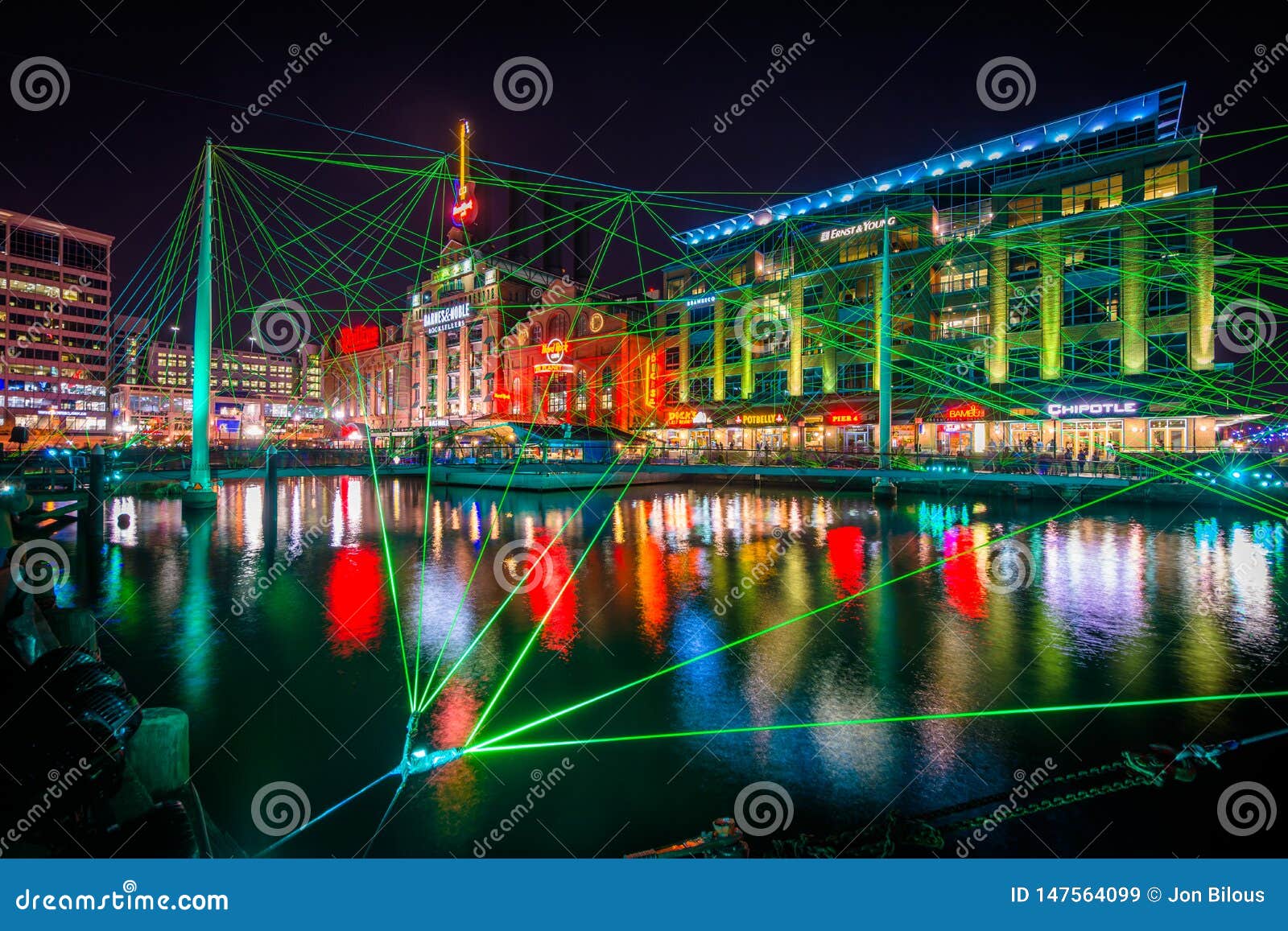 Light Display and Buildings at Night, at the Inner Harbor in Baltimore ...