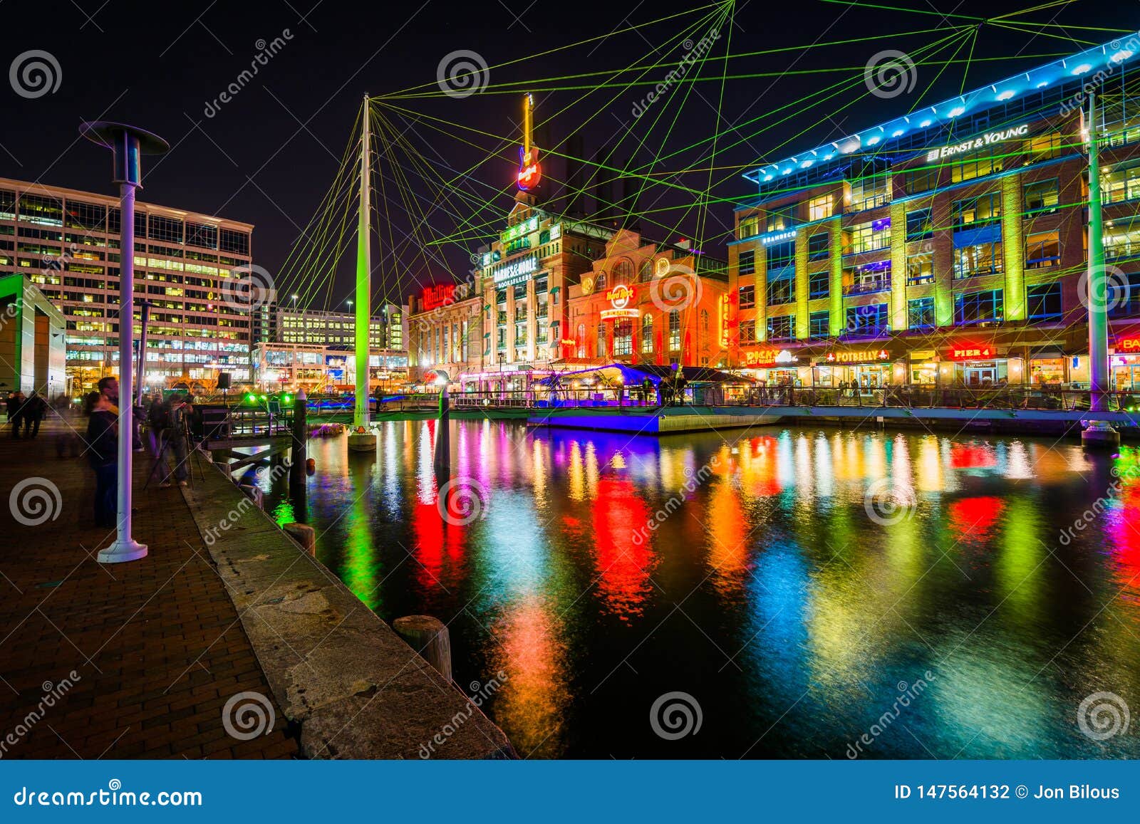 Light Display and Buildings at Night, at the Inner Harbor in Baltimore ...