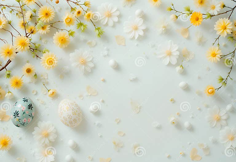 A Light Easter Background with Space for Text. Easter Eggs, Flowers ...