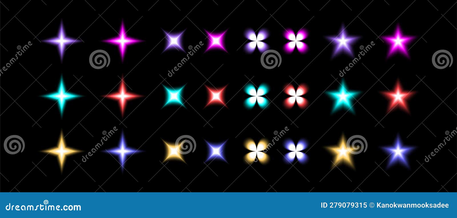 Light Effect Glowing Collection. Set Of Colorful Stars Vector Neon ...