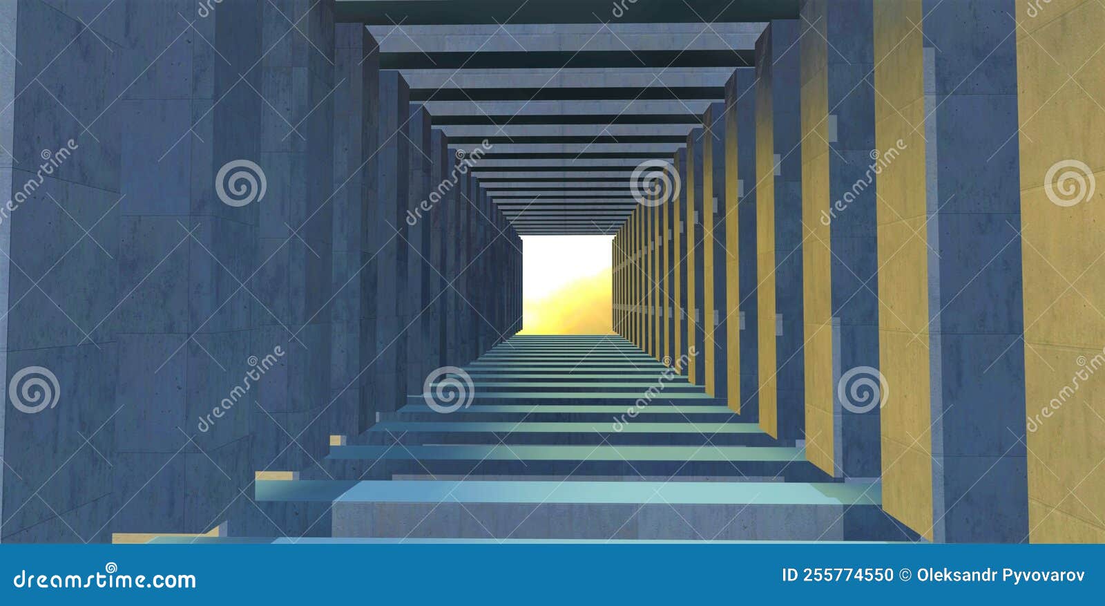 A Light in the End of a Tunnel. Concrete Square Structures are Lined Up ...