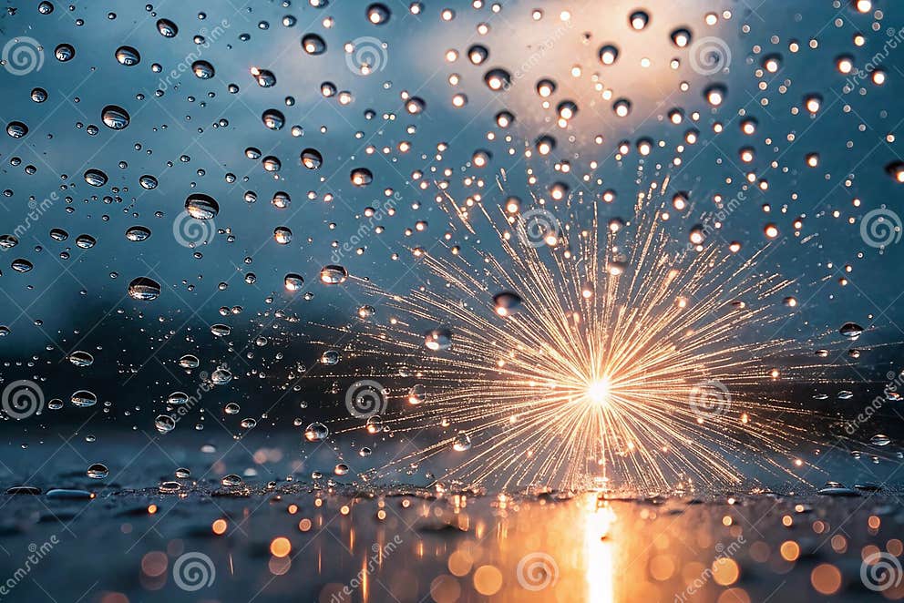 Light Explosion. Zoomed Raindrops on Illuminated Window Create an ...