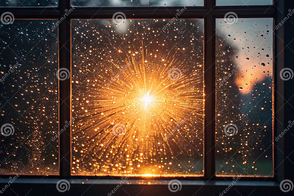 Light Explosion. Zoomed Raindrops on Illuminated Window Create an ...
