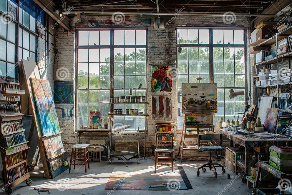 Light-Filled Art Studio with Eclectic Paintings and Creative Clutter ...