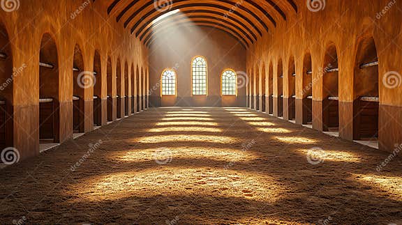 Light Filters through Arches in a Spacious, Rustic Hall, Casting ...