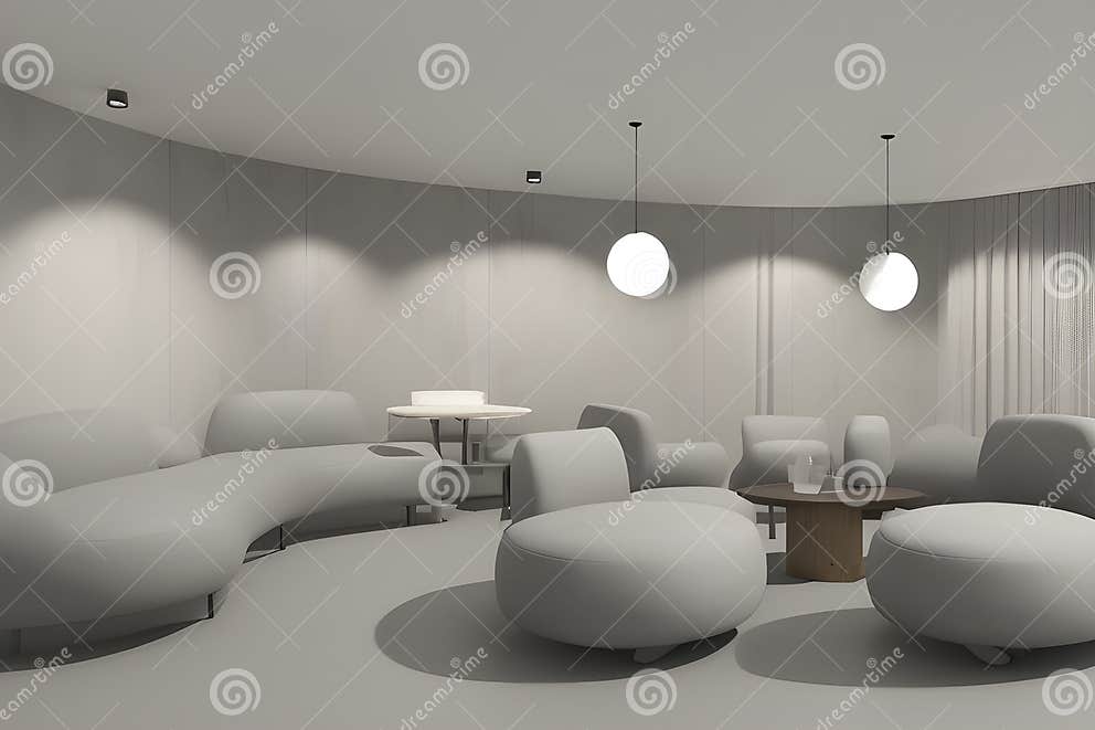 Light Gray Bar Interior with a Concrete Floor Small Round Tables and ...
