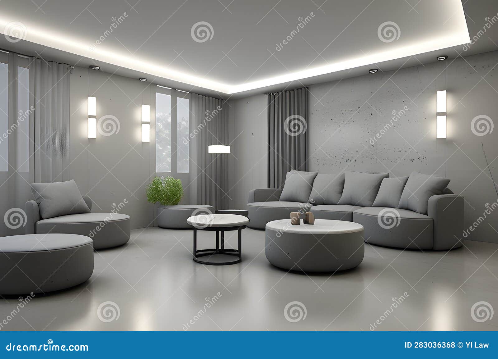 Light Gray Bar Interior with a Concrete Floor Small Round Tables and ...