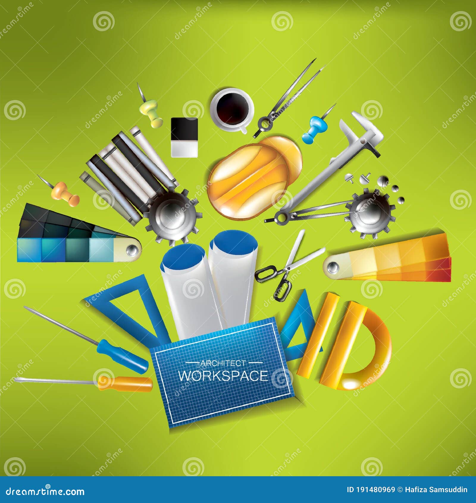 Light Green Architect Work-space Design. Stock Vector - Illustration of ...