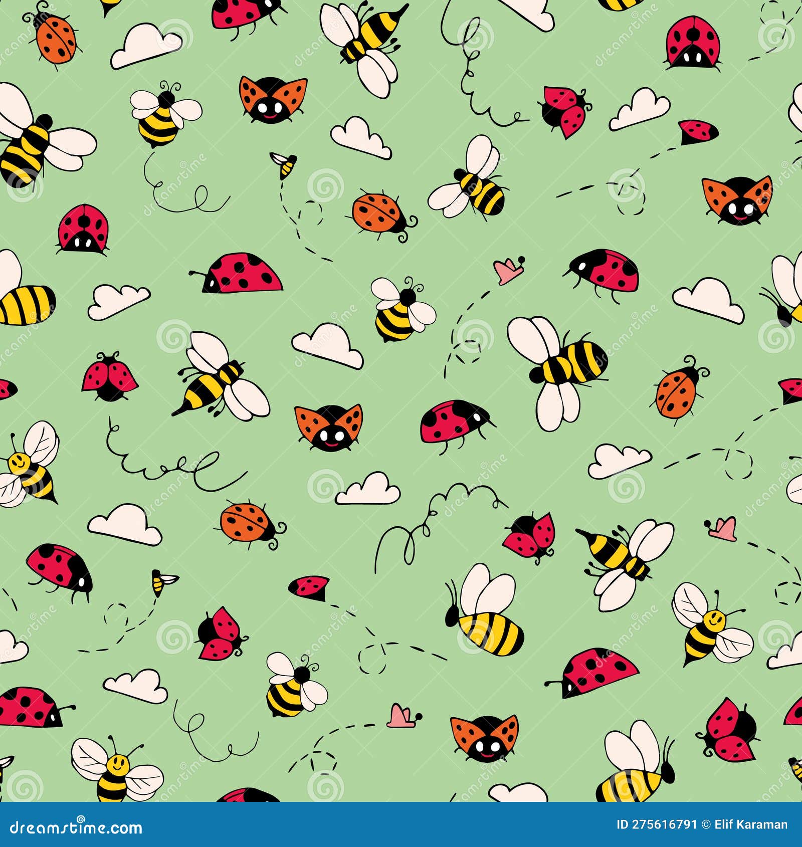 Light Green Ladybugs and Bees Seamless Pattern Background. Summer Pattern with Bugs. Doodle Bugs ...