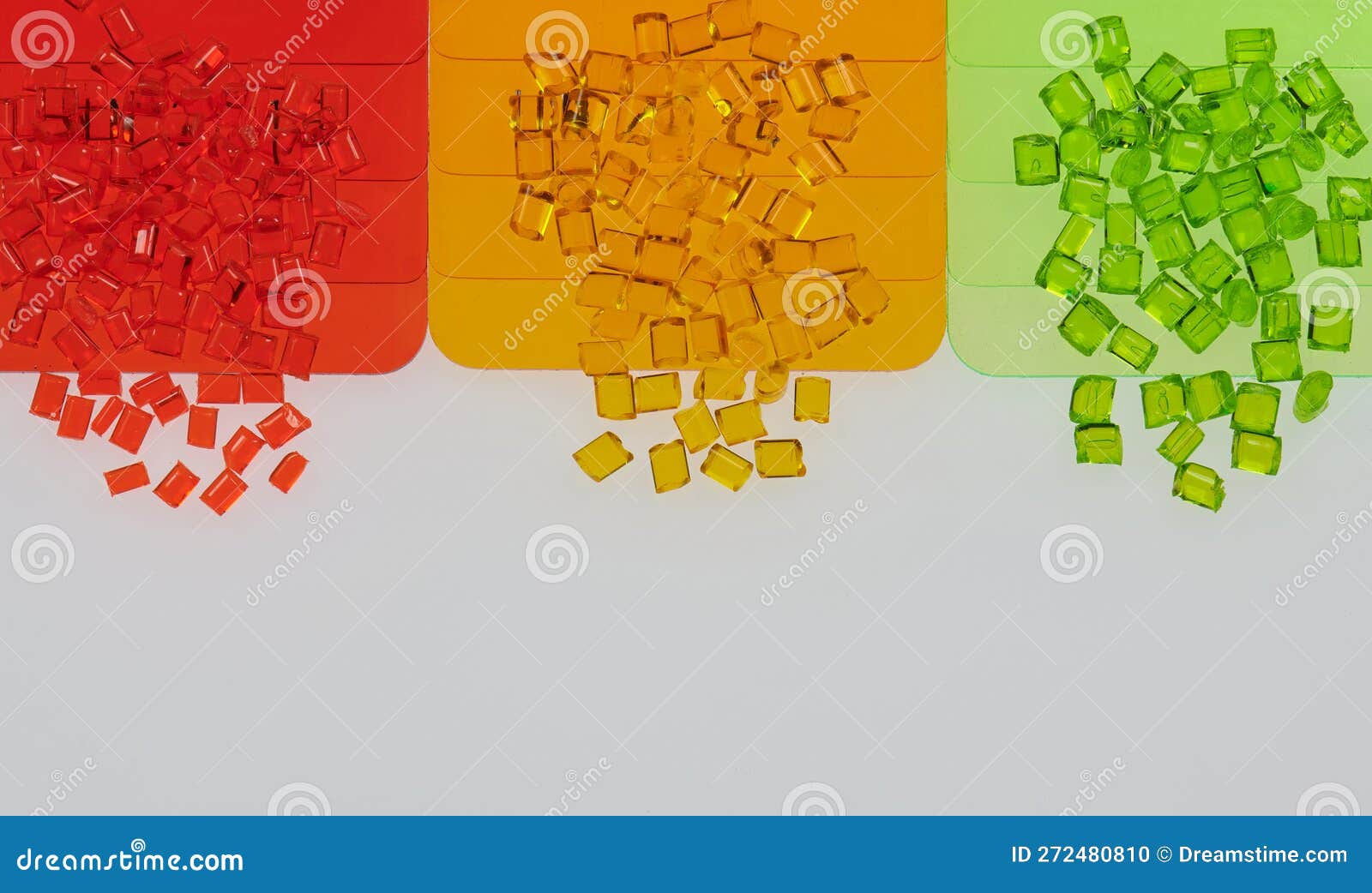 Light Green, Red and Orange Transparent Plastic Granulates with Samples ...