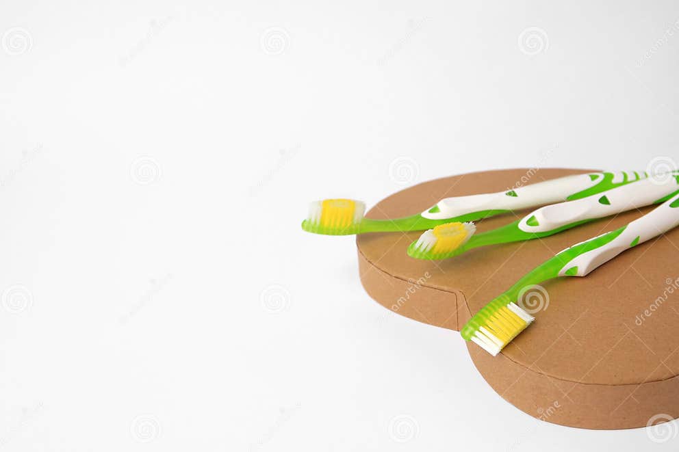 Light Green Toothbrushes on White Background, Space for Text Stock ...