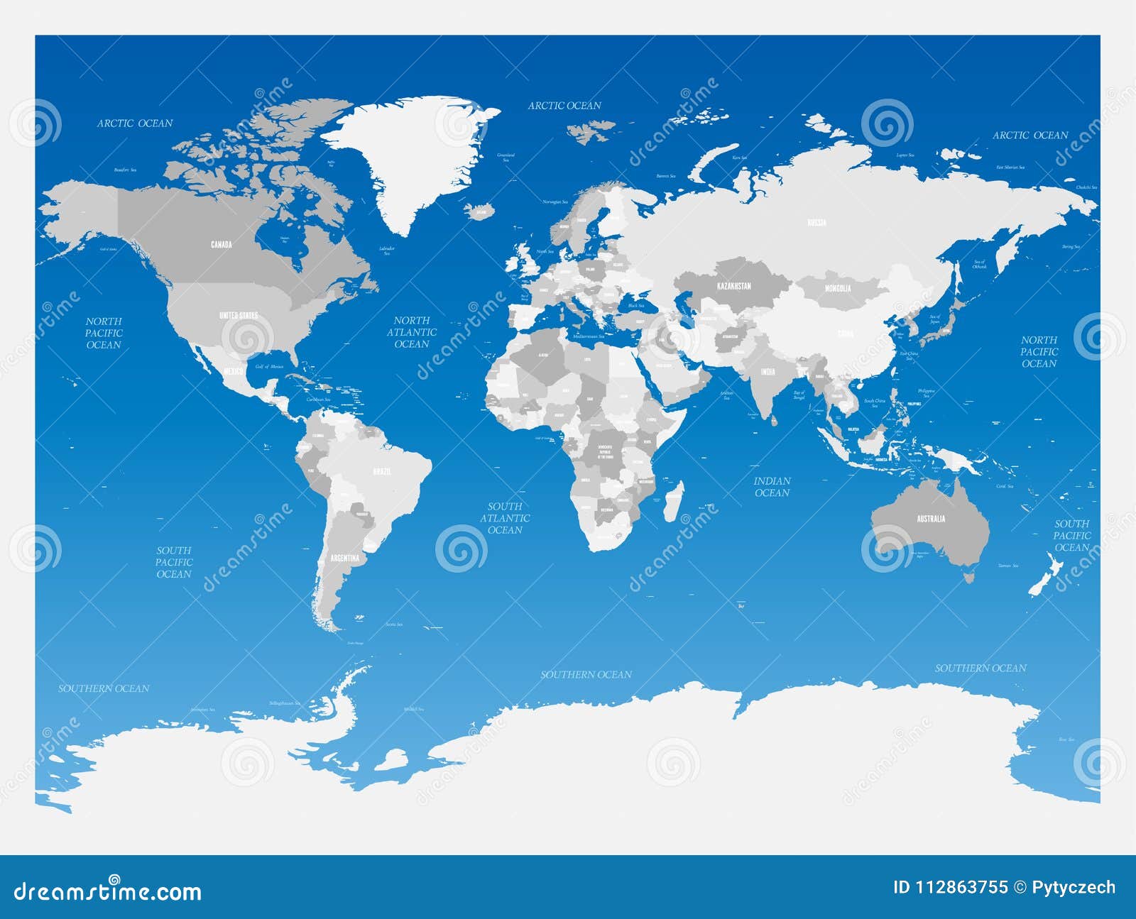 Light Grey Political World Map on Blue Gradient Background. Vector ...