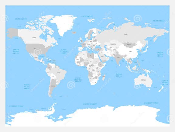 Light Grey Political World Map on Solid Blue Background. Vector ...