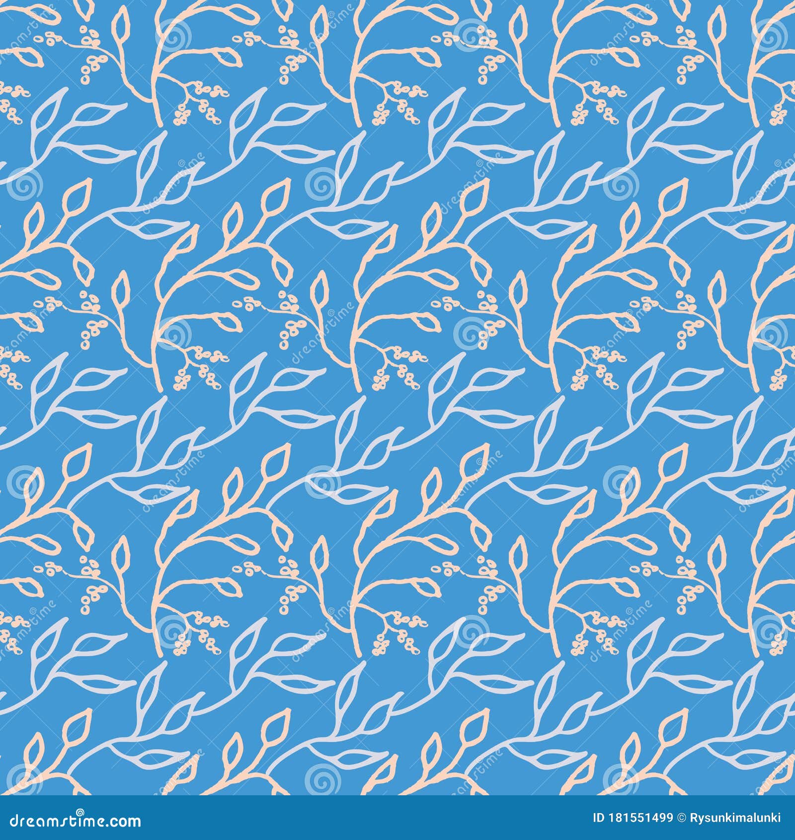 Hand Drawn Branches Seamless Vector Blue Pattern Stock Vector - Illustration of nature, garden ...