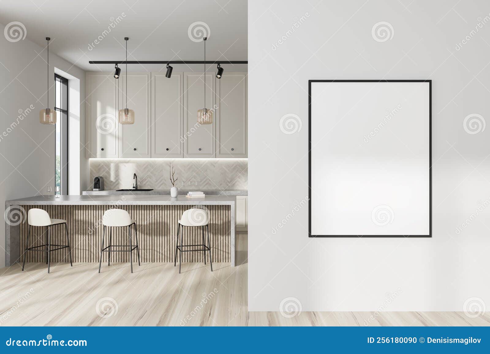 Light Kitchen Interior with Bar Countertop and Kitchenware. Mockup ...