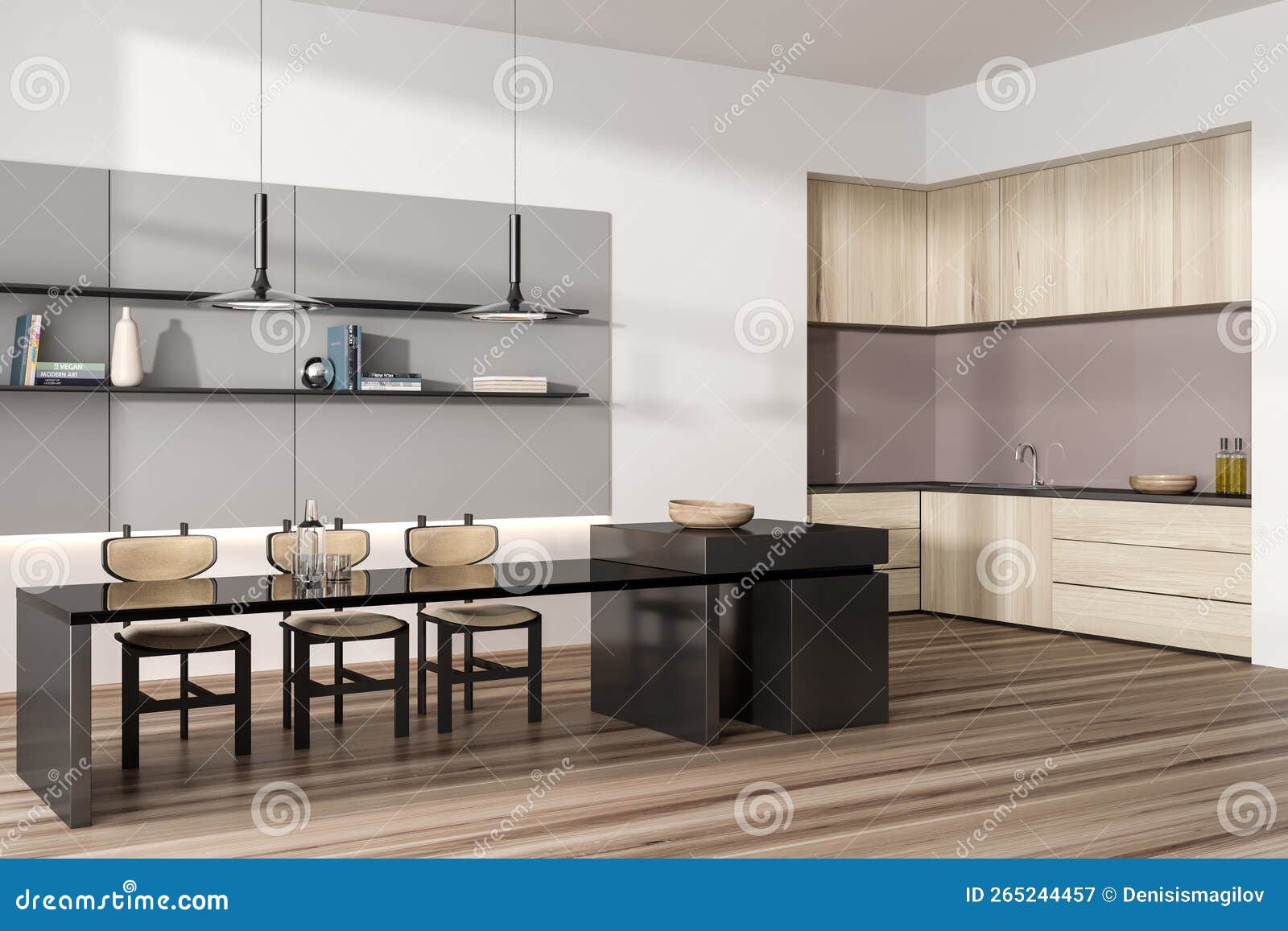 Light Kitchen Interior with Dining and Cooking Corner, Decoration Stock ...