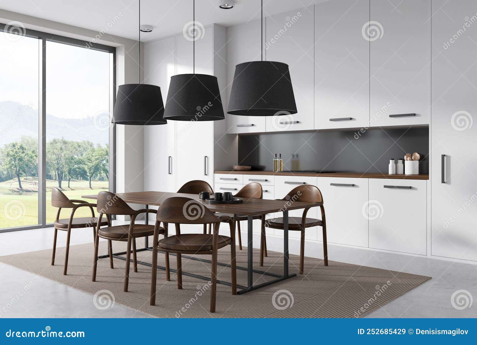 Light Kitchen Interior with Eating Table and Chairs, Kitchenware and ...