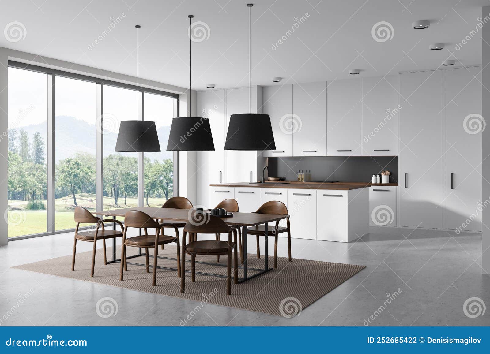 Light Kitchen Interior with Eating Table and Chairs, Kitchenware and ...