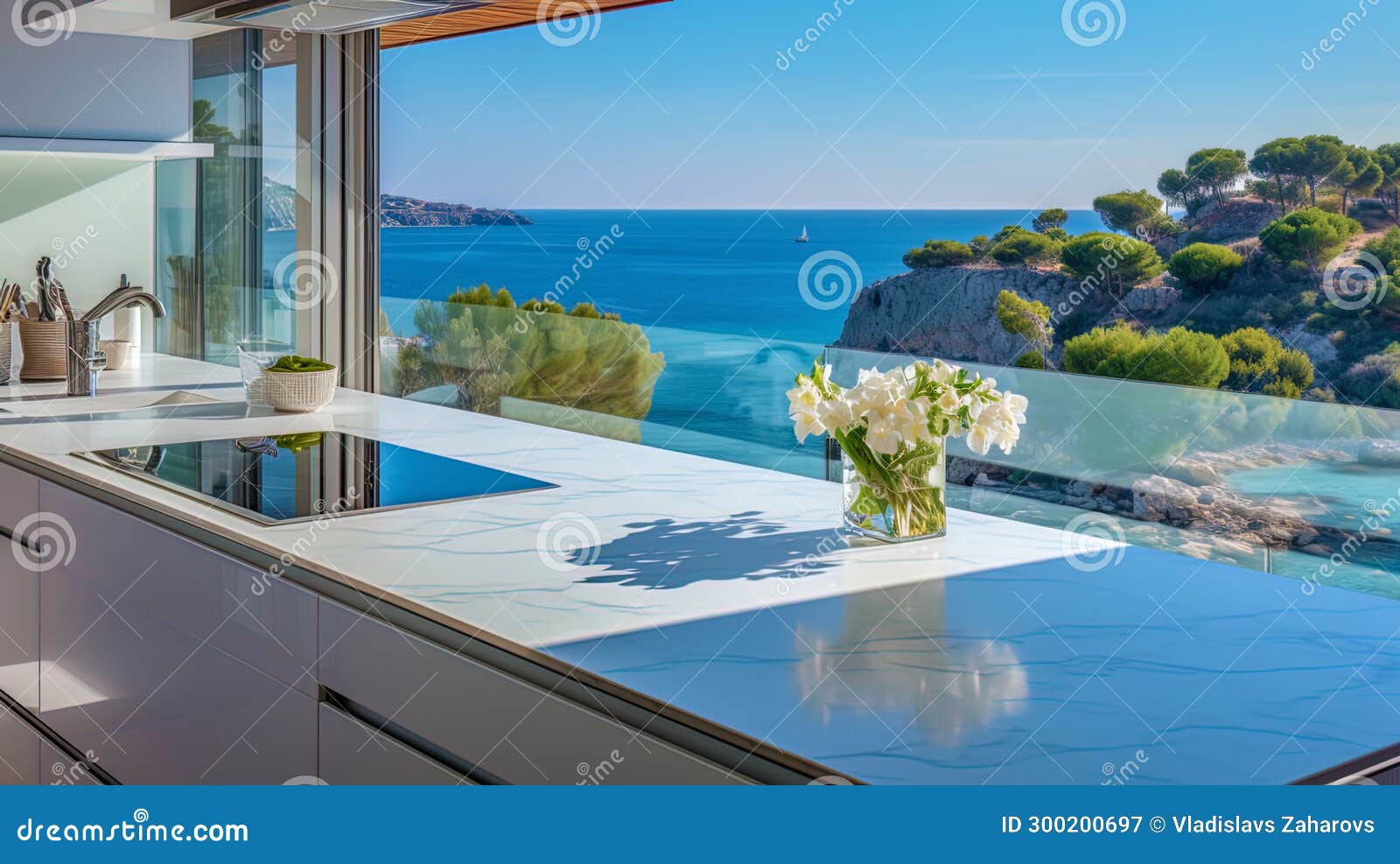 Light Kitchen with a Marble Countertop and a Panoramic View of the Sea ...