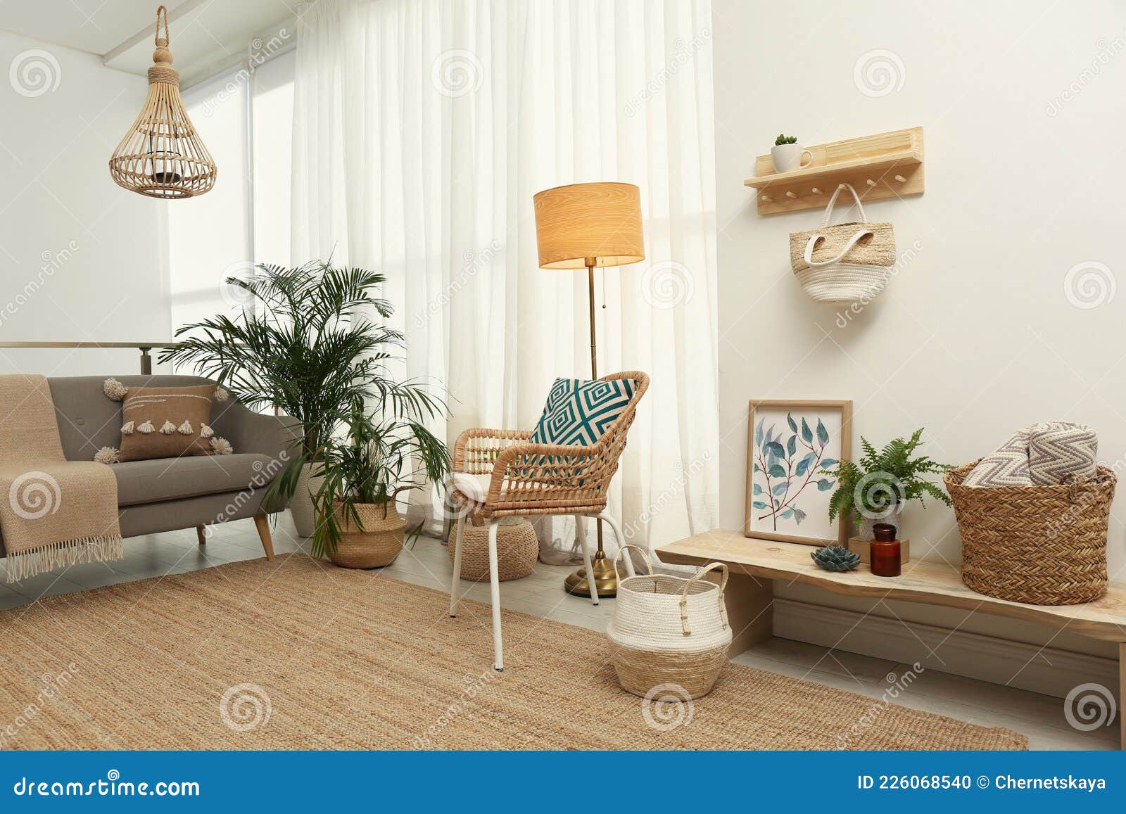 Light Living Room with Boho Decor. Interior Design Stock Photo - Image ...