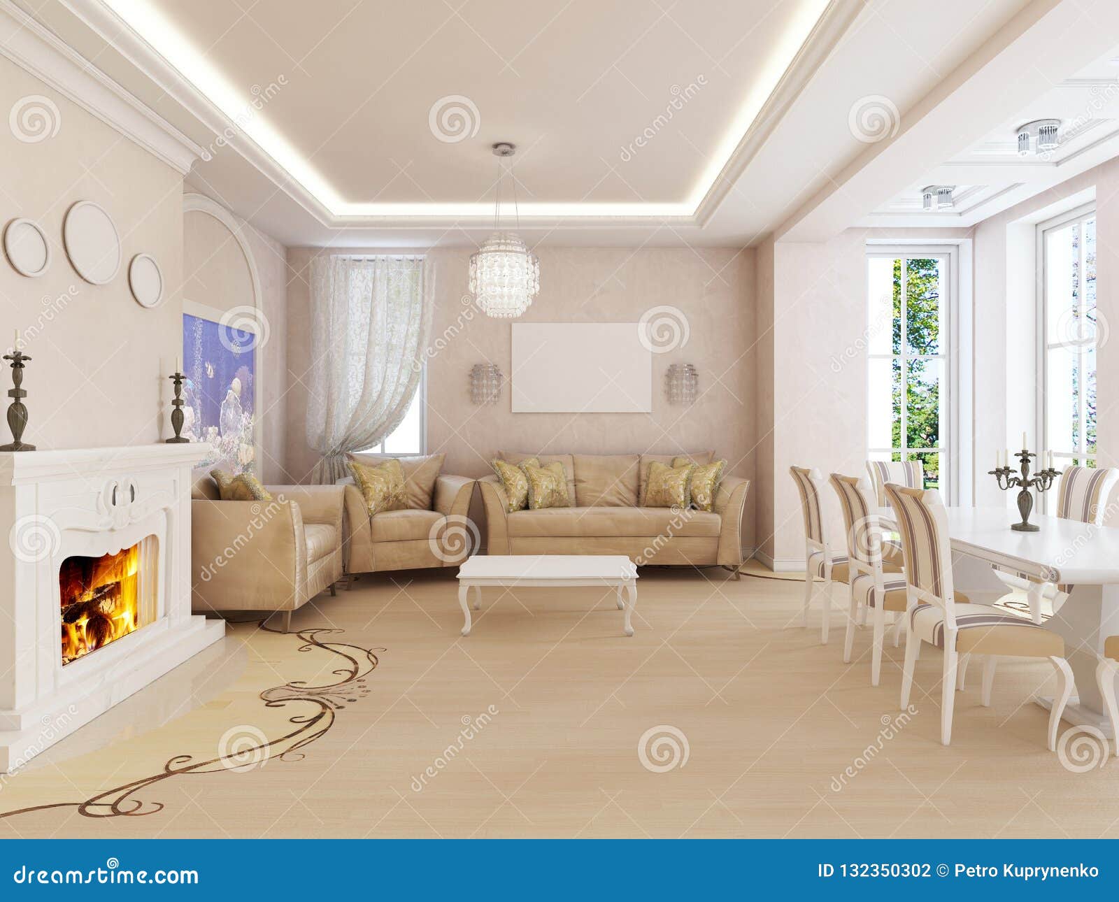 Light Living Room in Light Classical Style with Art Deco Elements, with ...