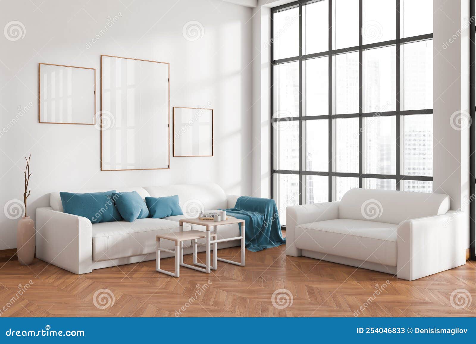 Light Living Room Interior with Couch and Panoramic Window, Mockup ...