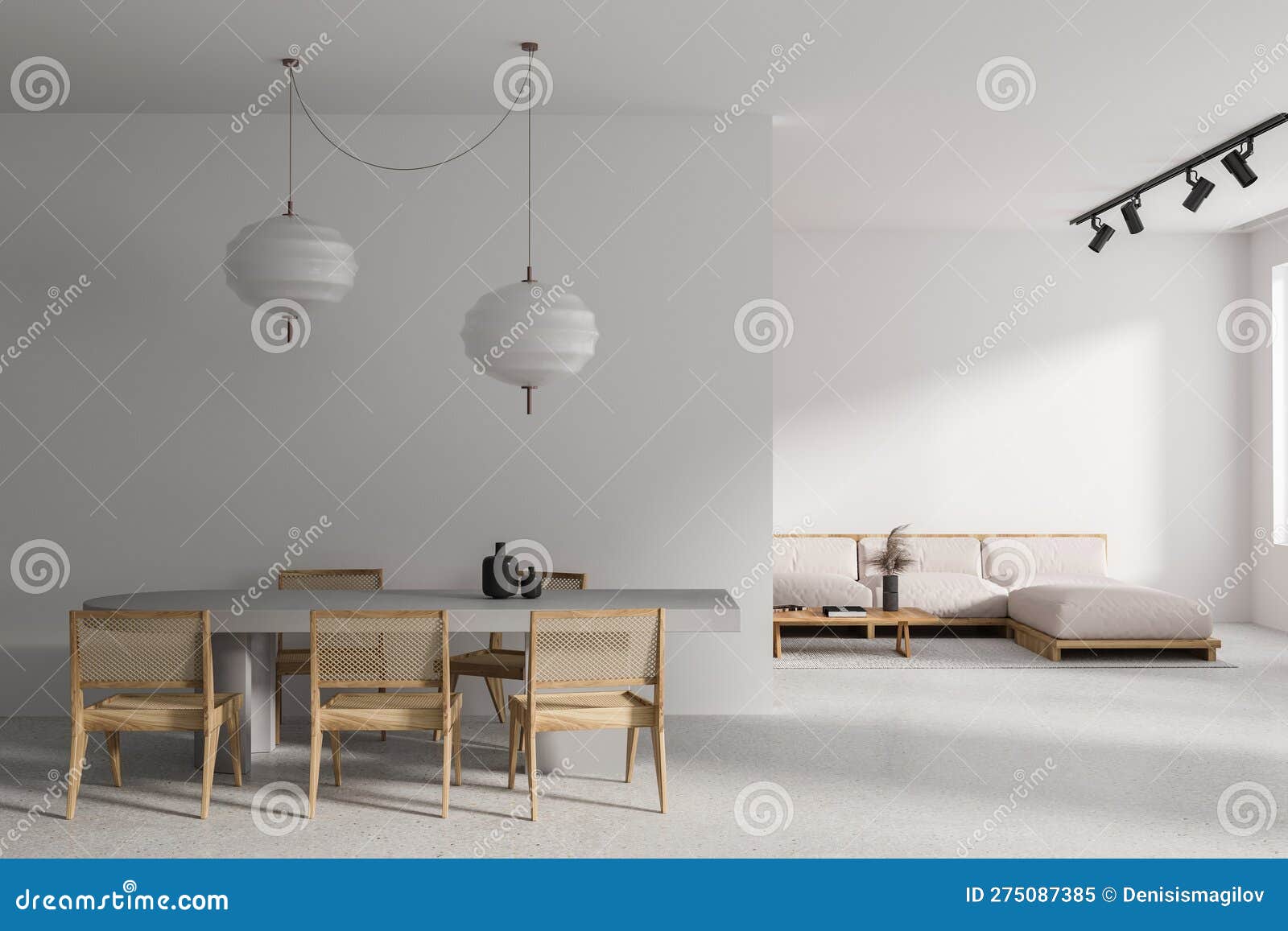 Light Living Room Interior with Eating and Chill Zone, Panoramic Window ...