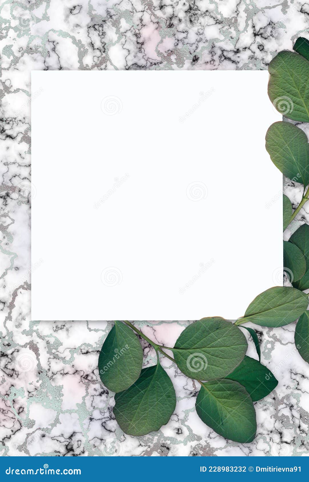 Fresh Spring Green Leaves on Light Marble Background with Silver ...