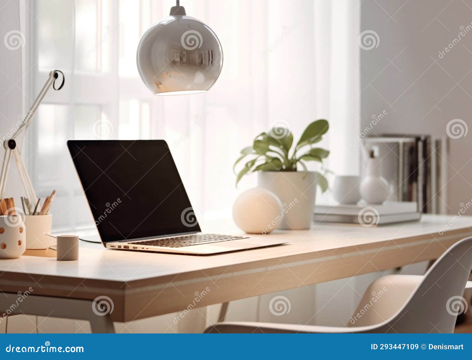 Light Modern Minimalist Desk Setup with Laptop and Large Window.Macro ...