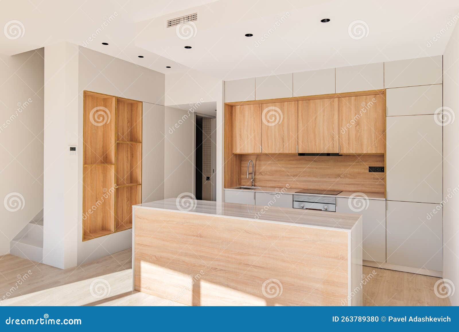 Light Modular Kitchen with Cupboard Design Interior, Made in White and ...