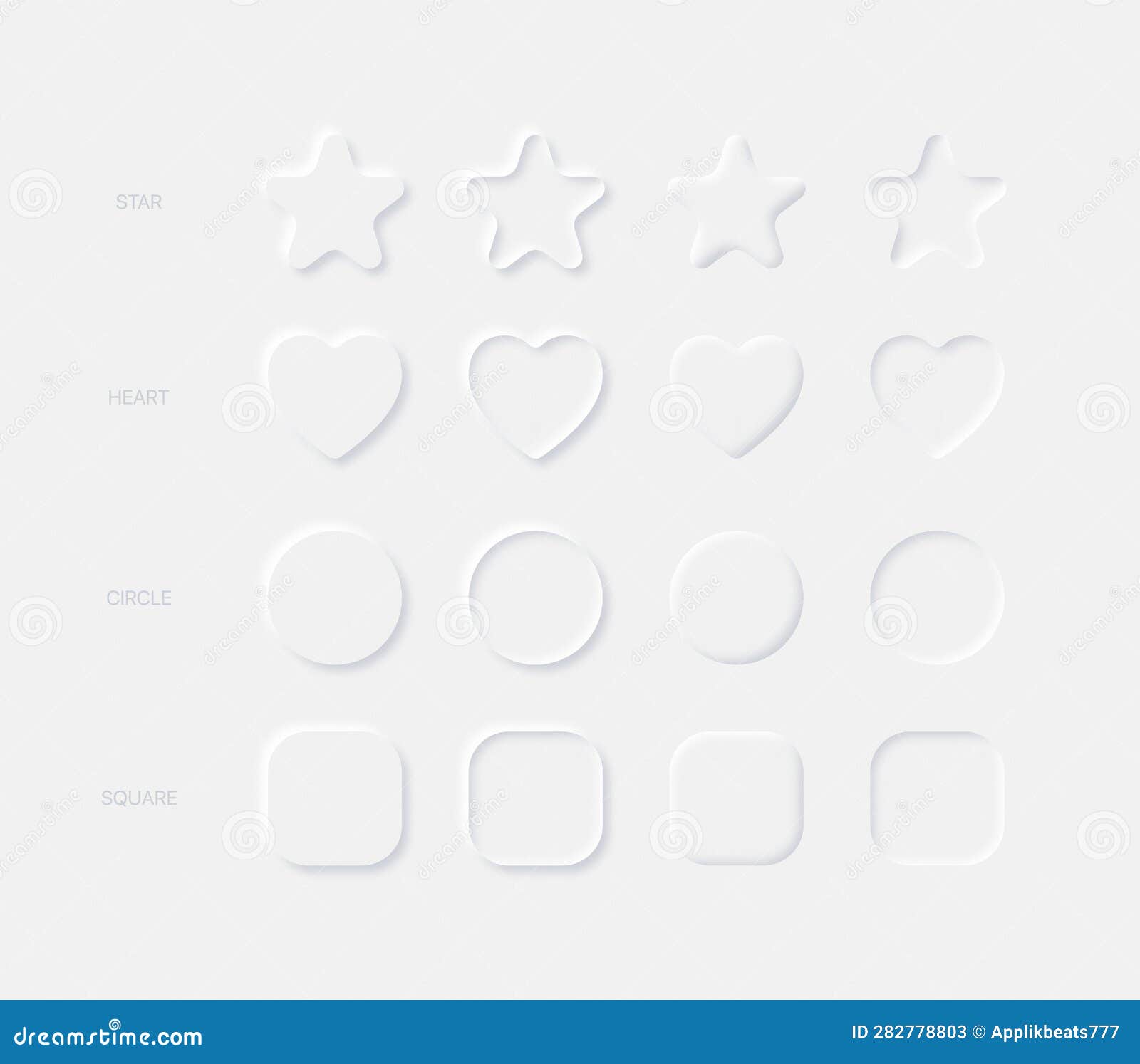 Light Neumorphic Vector Design Elements Rounded Star Heart Circle Square in Different Variations ...